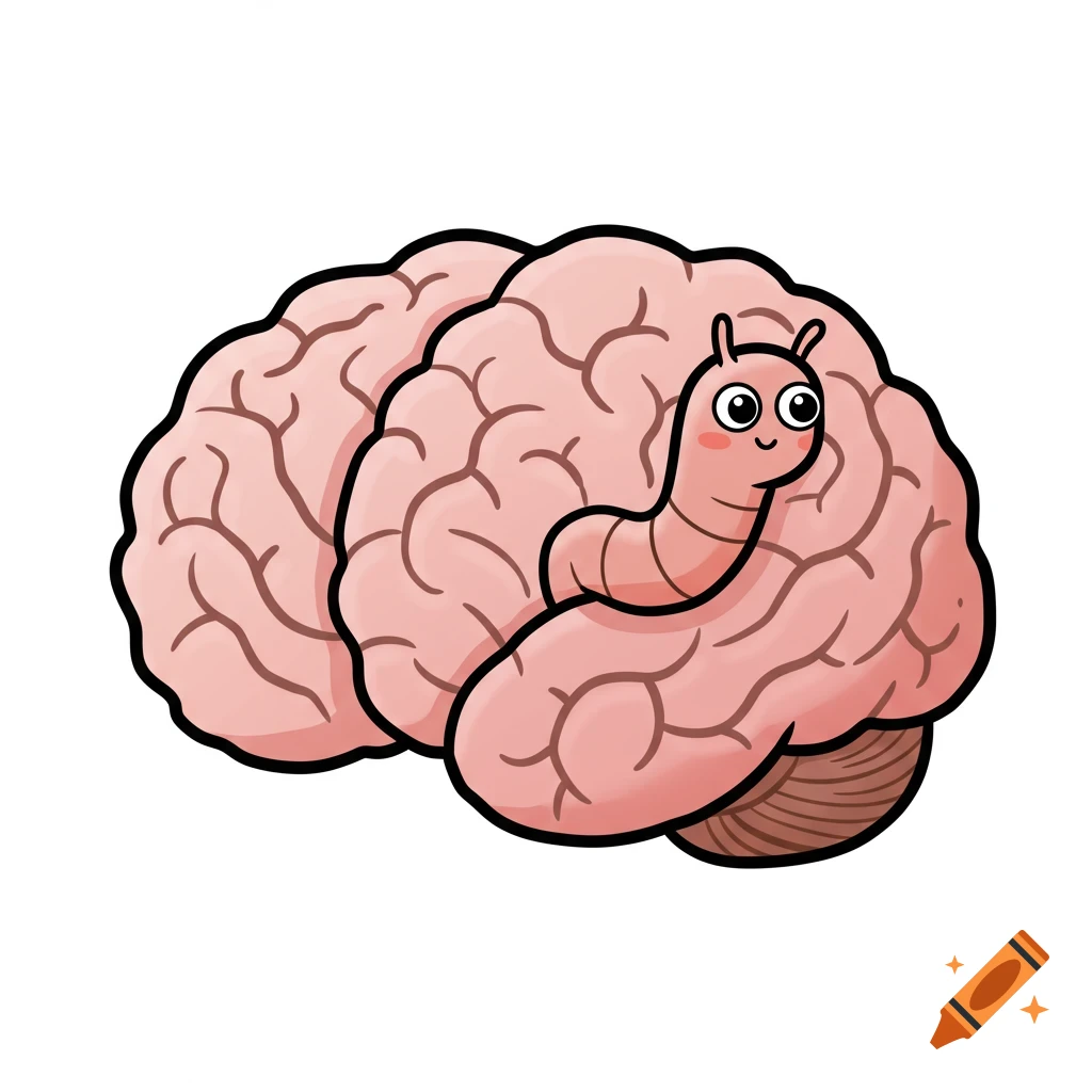 Cartoon brain with a piston sticking out of the top, smiling. on Craiyon