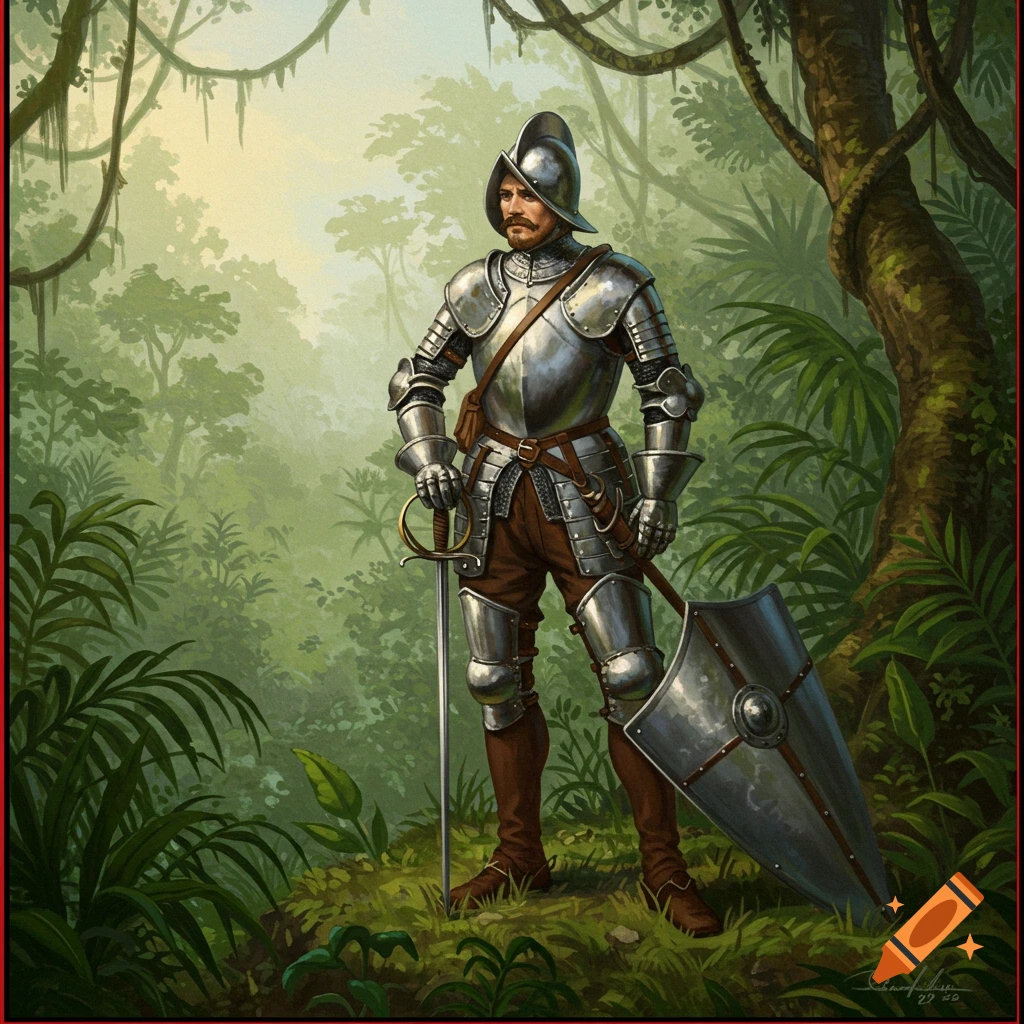 Spanish conquistador in jungle, traditional painting style on Craiyon