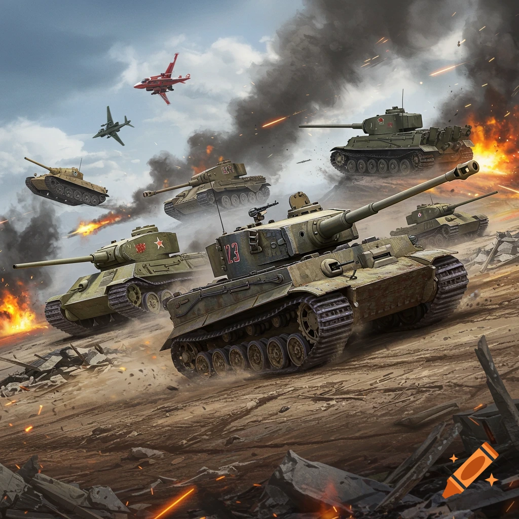 A green Soviet KV-1 heavy tank on a muddy track under a cloudy sky. on ...