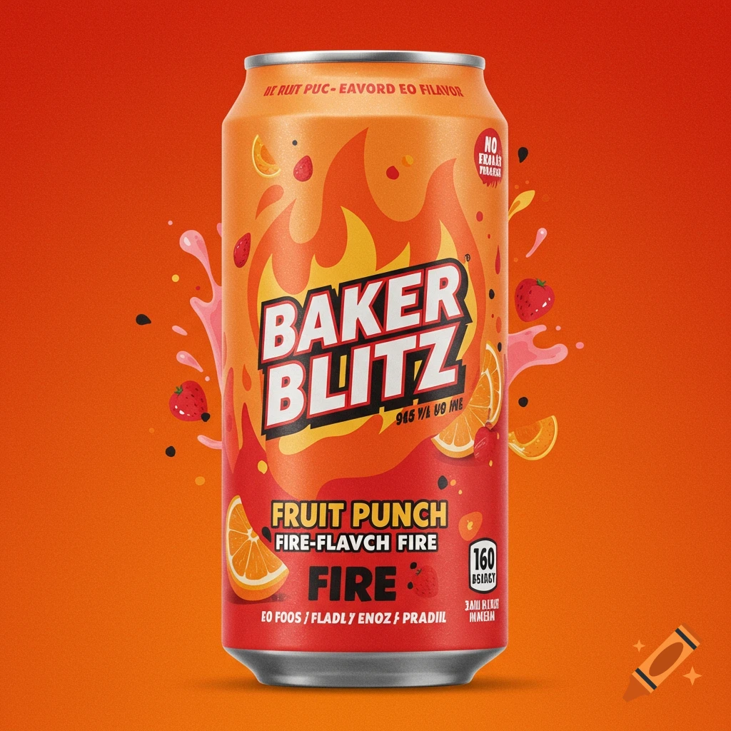 A bright orange and red soda can design with flame graphics and fruit ...