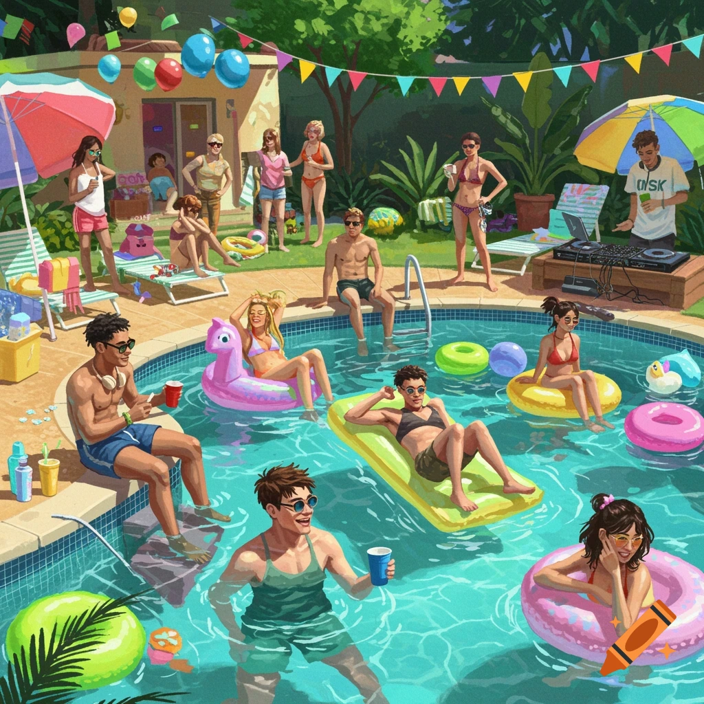 A vibrant summer pool party with people swimming, lounging on inflatables, and a DJ. on Craiyon