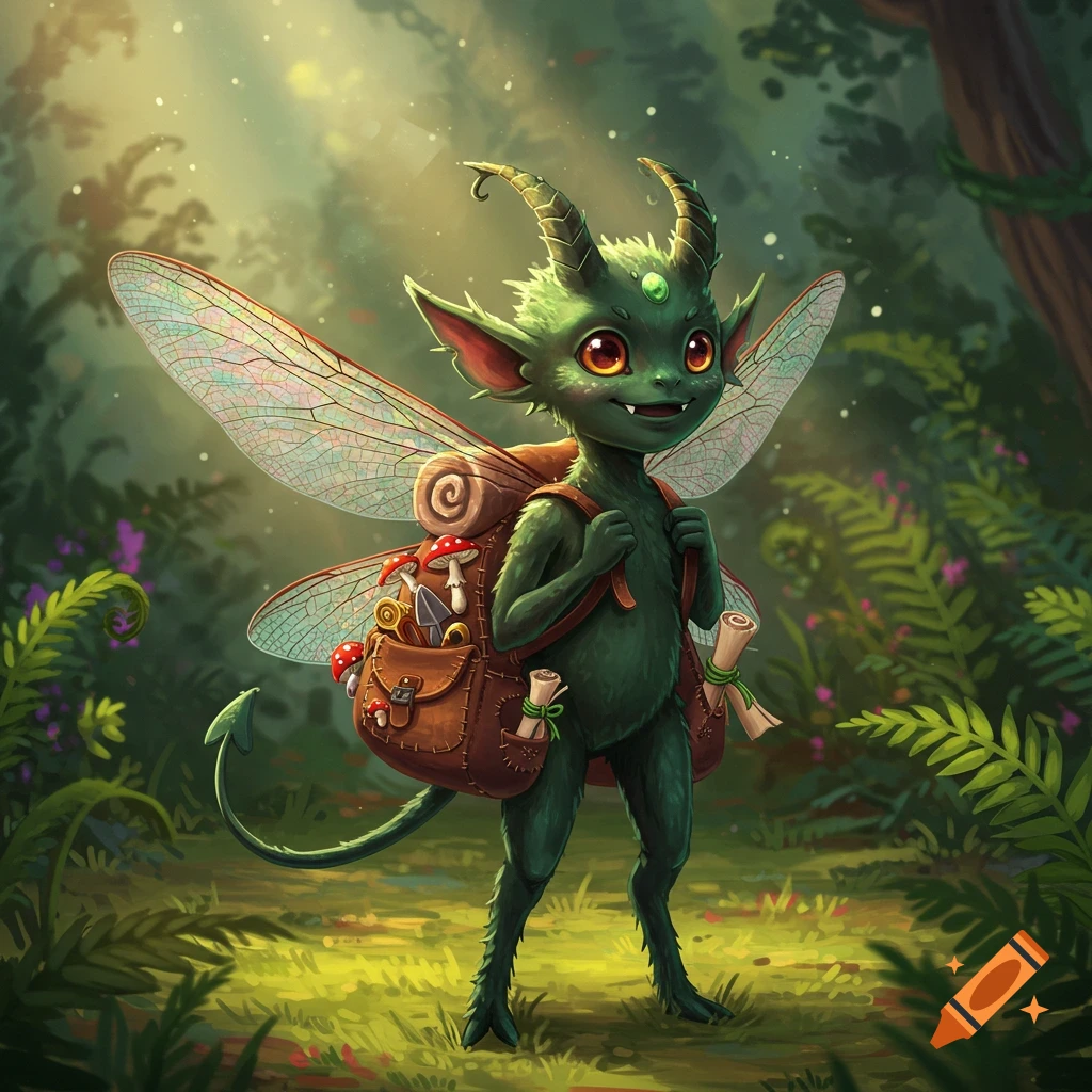 A cute, green fantasy imp with wings and a backpack stands in a forest ...
