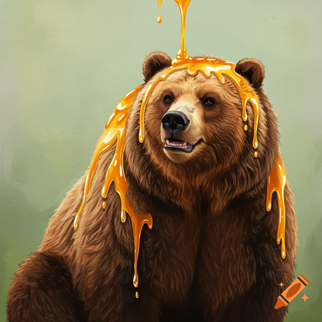 A whimsical image of a grizzly bear with honey dripping on its fur. on ...