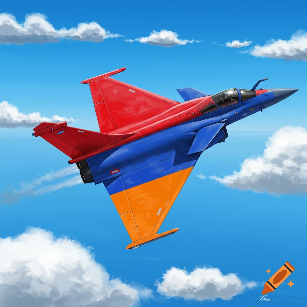 Jet aircraft painted with the Armenian flag colors flying in a blue sky ...