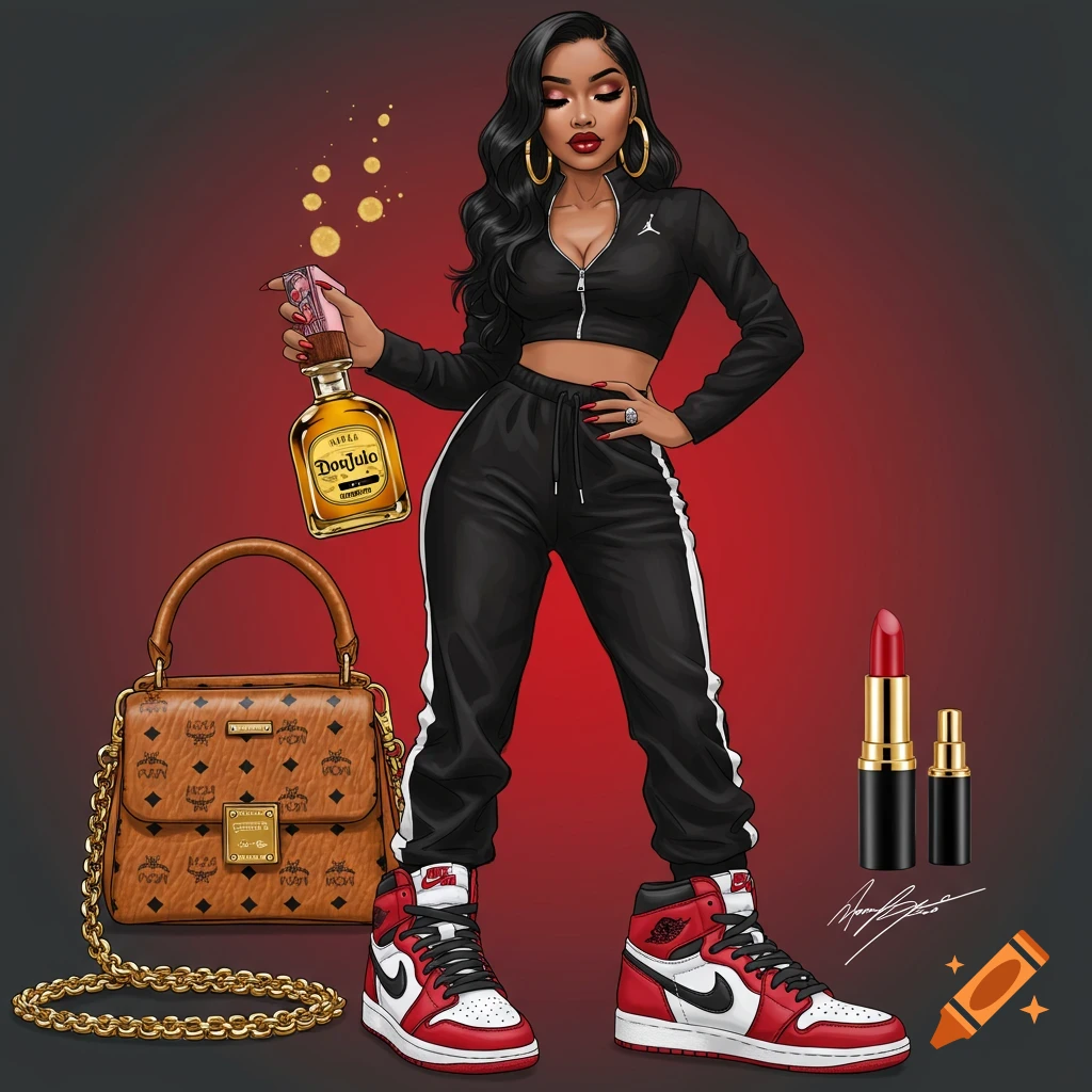 Fashionable person with Air Jordan 1s, MCM bag, and mini tequila bottle ...