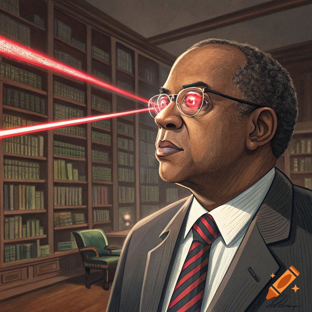Professor Adolph Reed with laser eyes on Craiyon