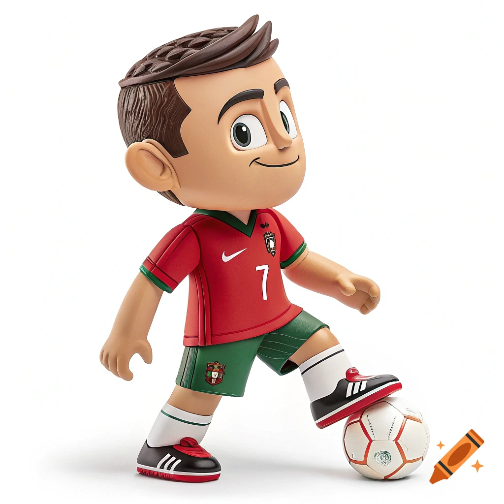 Toy figure of a boy in a red and green football kit kicking a ball. on ...