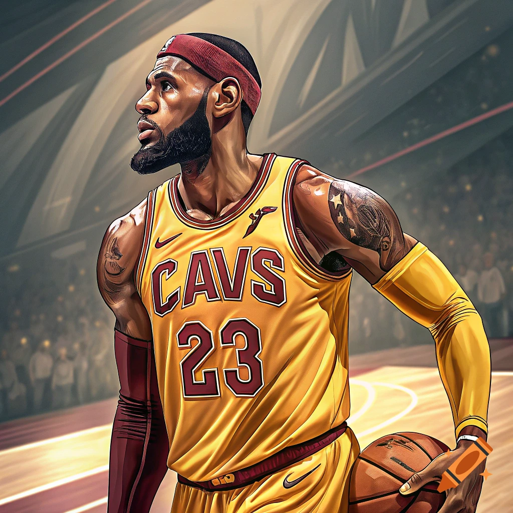 Stylized art of LeBron James in a Cavaliers jersey dribbling a ...