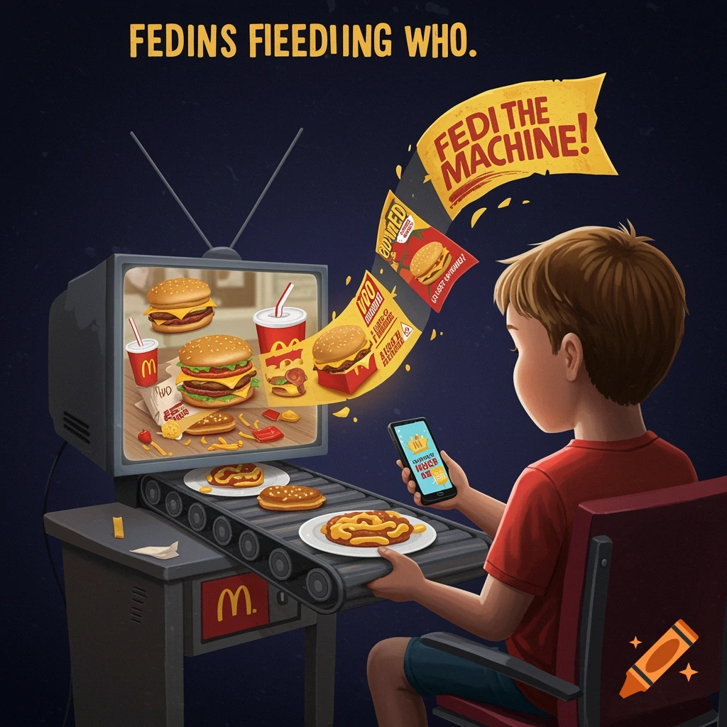 Child bombarded with fast food ads on TV, poster concept on Craiyon