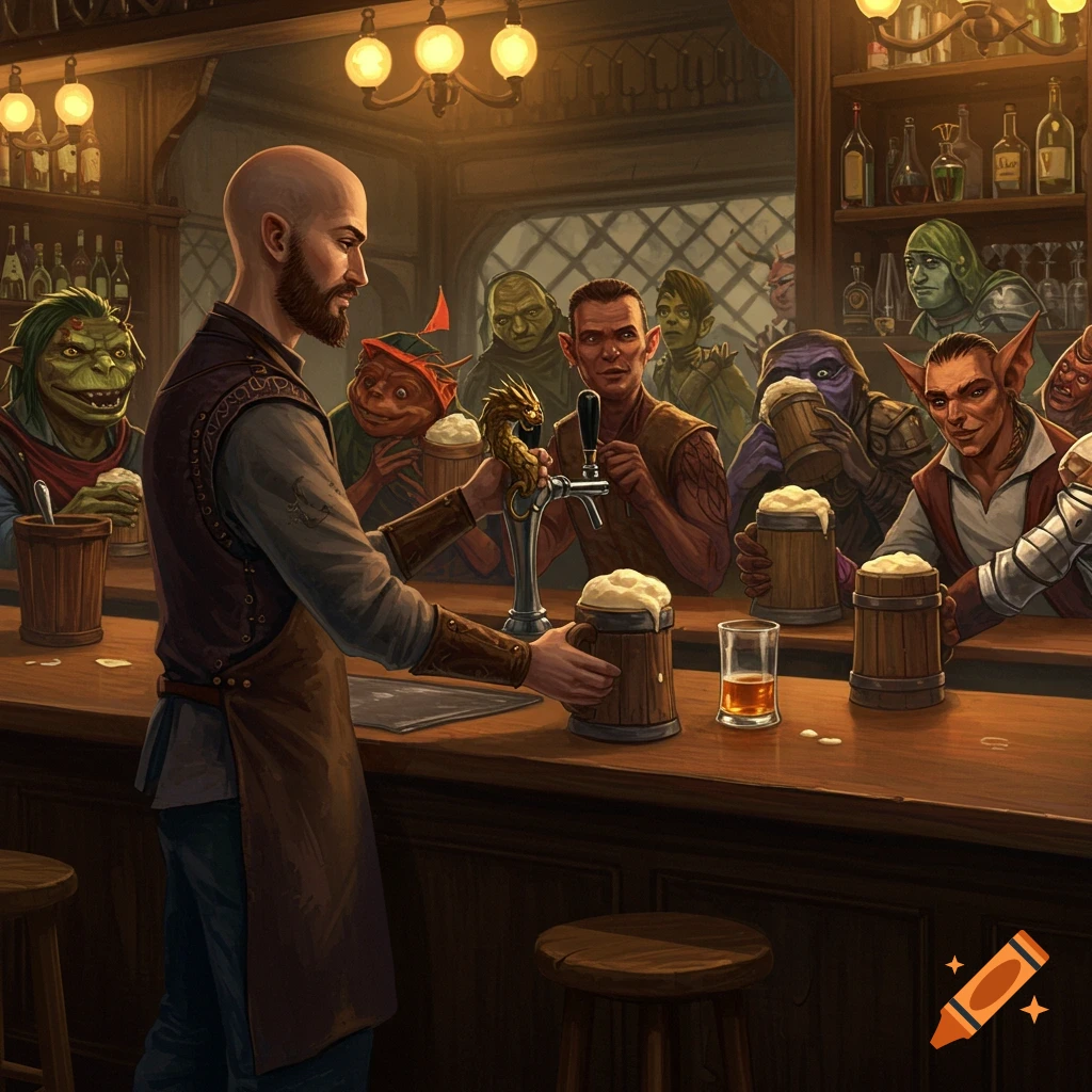 A bald bartender serving drinks to fantasy creatures in a bustling bar ...