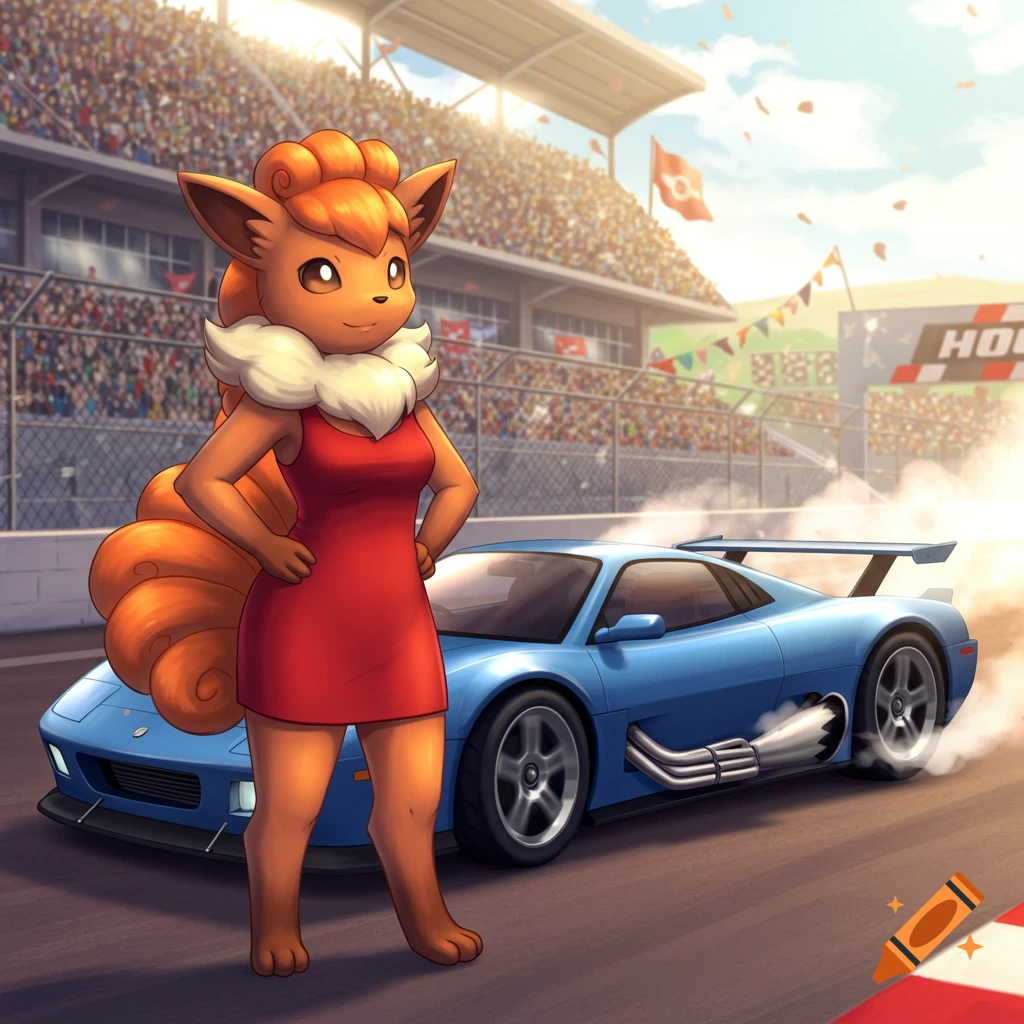 Anime-style Vulpix character in a red dress stands at a race track next ...