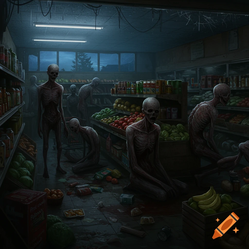 Pallid humanoid husk creatures in a grocery store at night on Craiyon