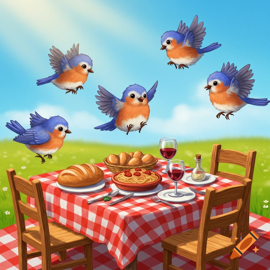 Cute birds hovering over an Italian food picnic table on Craiyon