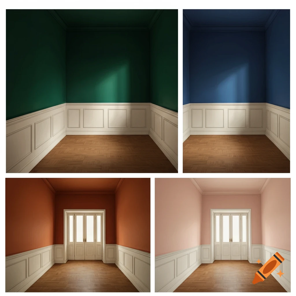 Four panels showing empty rooms with off-white wainscoting and ...