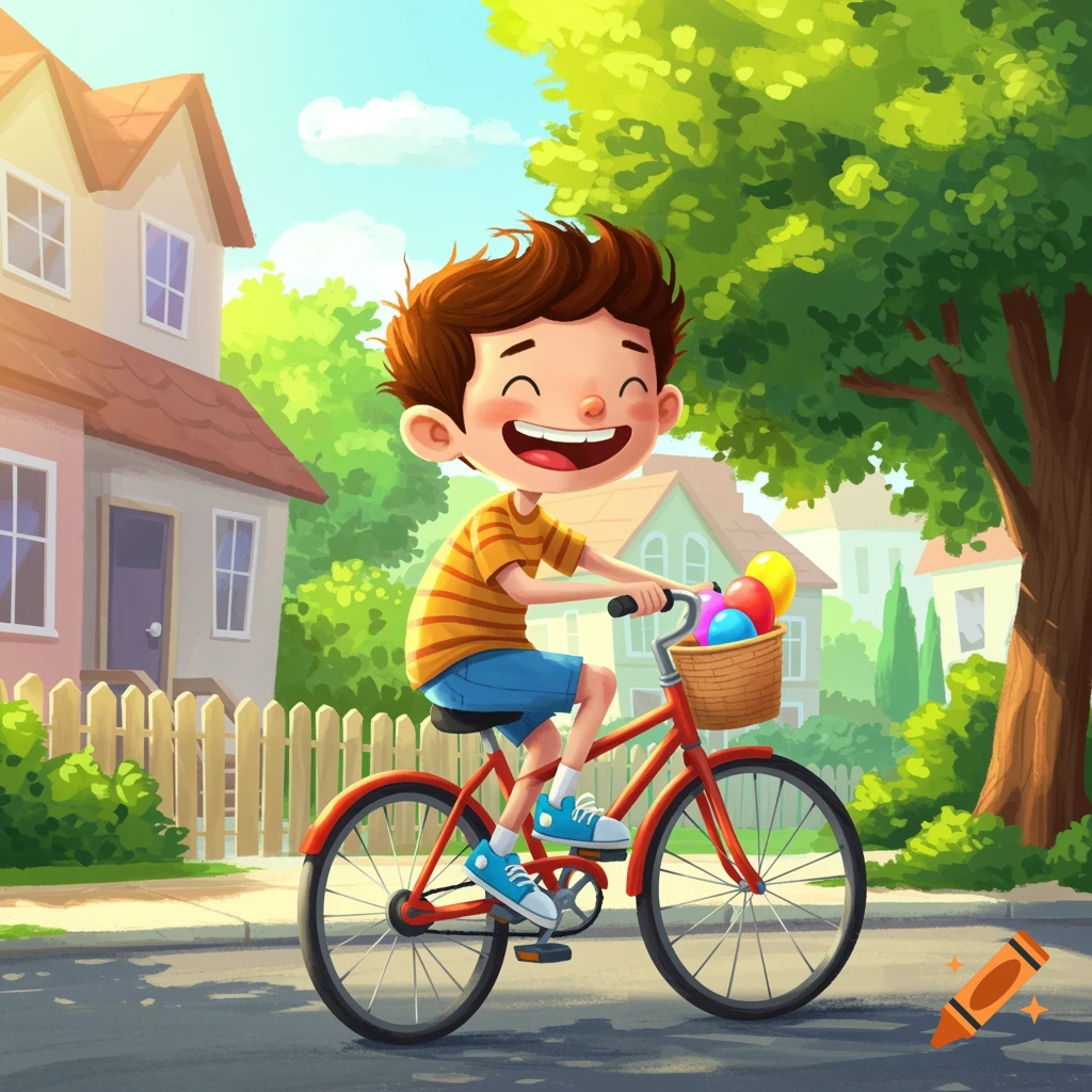 A happy cartoon boy rides a red bicycle with balloons on a sunny street ...