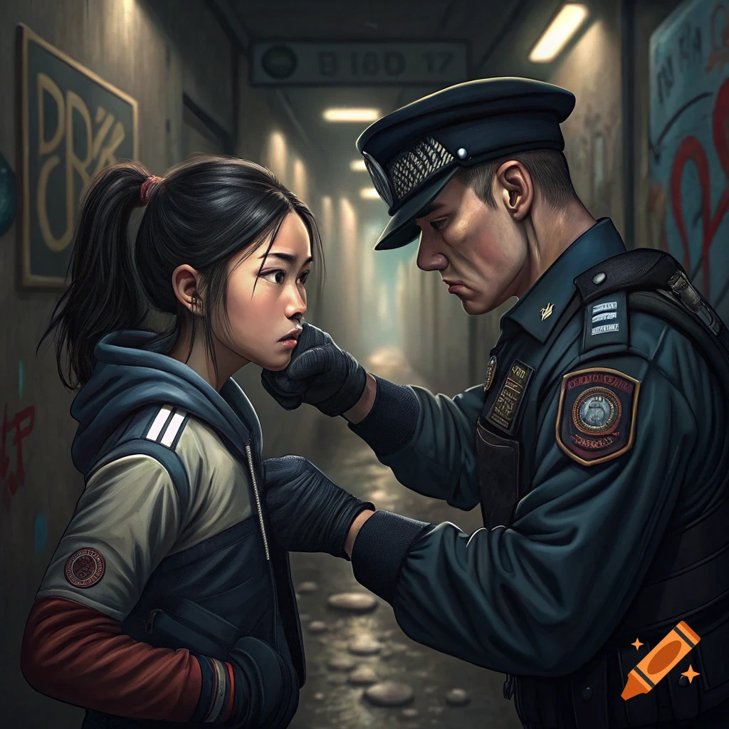 Digital art illustration of a police officer confronting a young Asian ...