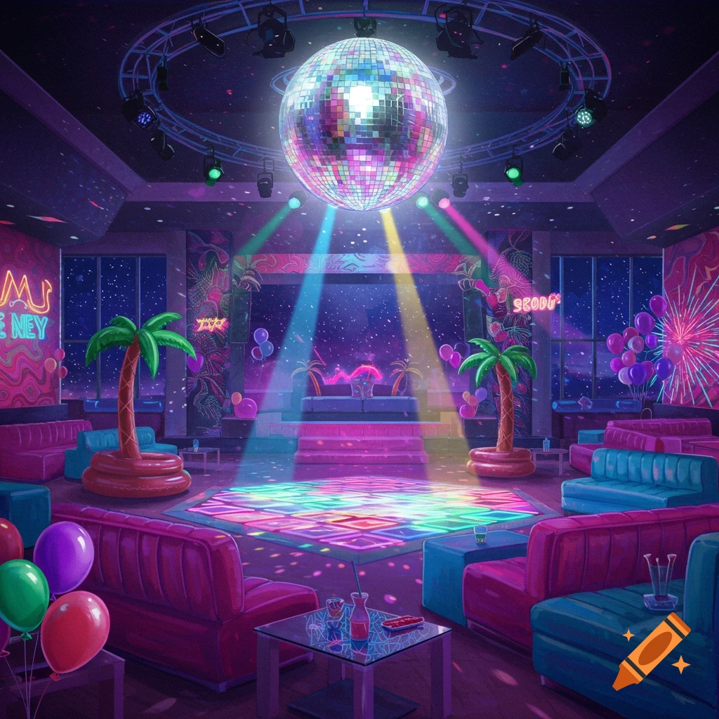 A vibrant pink-lit nightclub or party scene with lounge seating, a ...