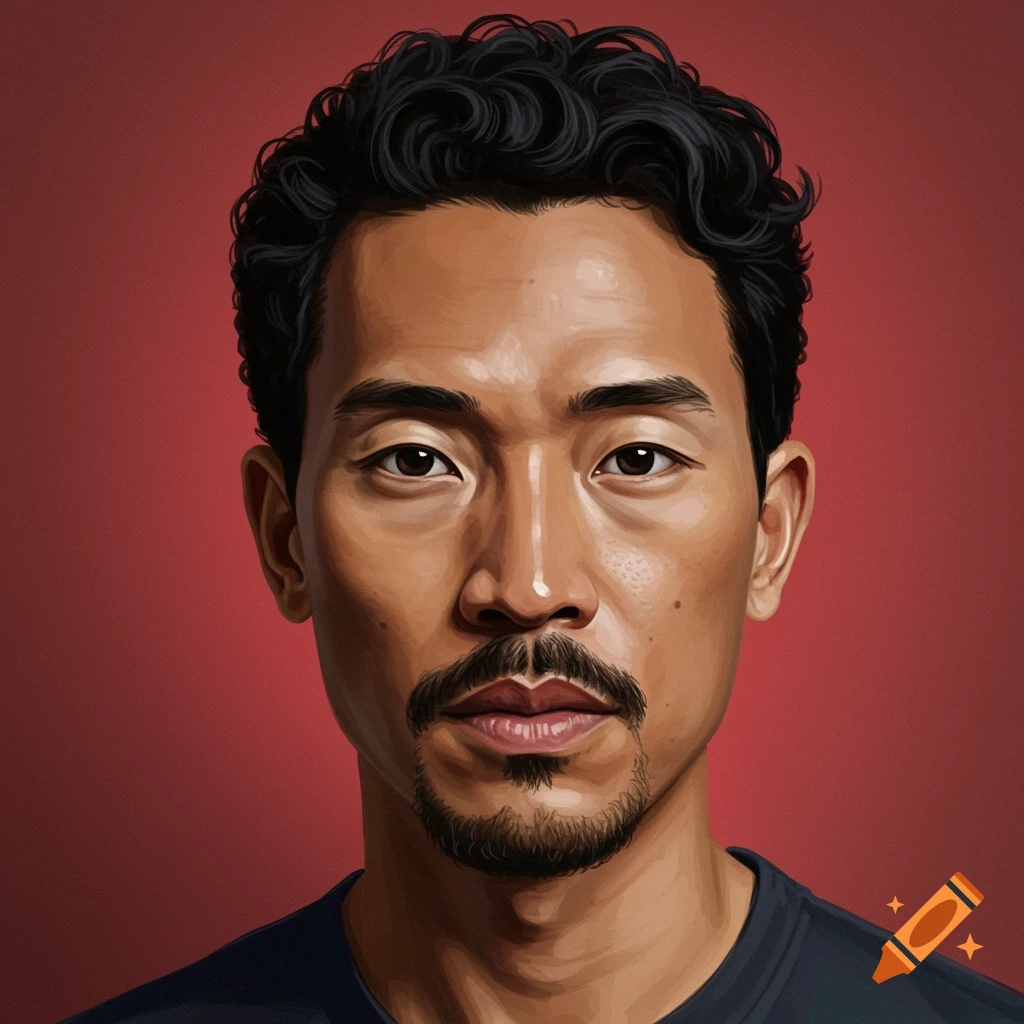 Illustrated portrait of a smiling person with glasses and a tech-patterned shirt against a neon ...