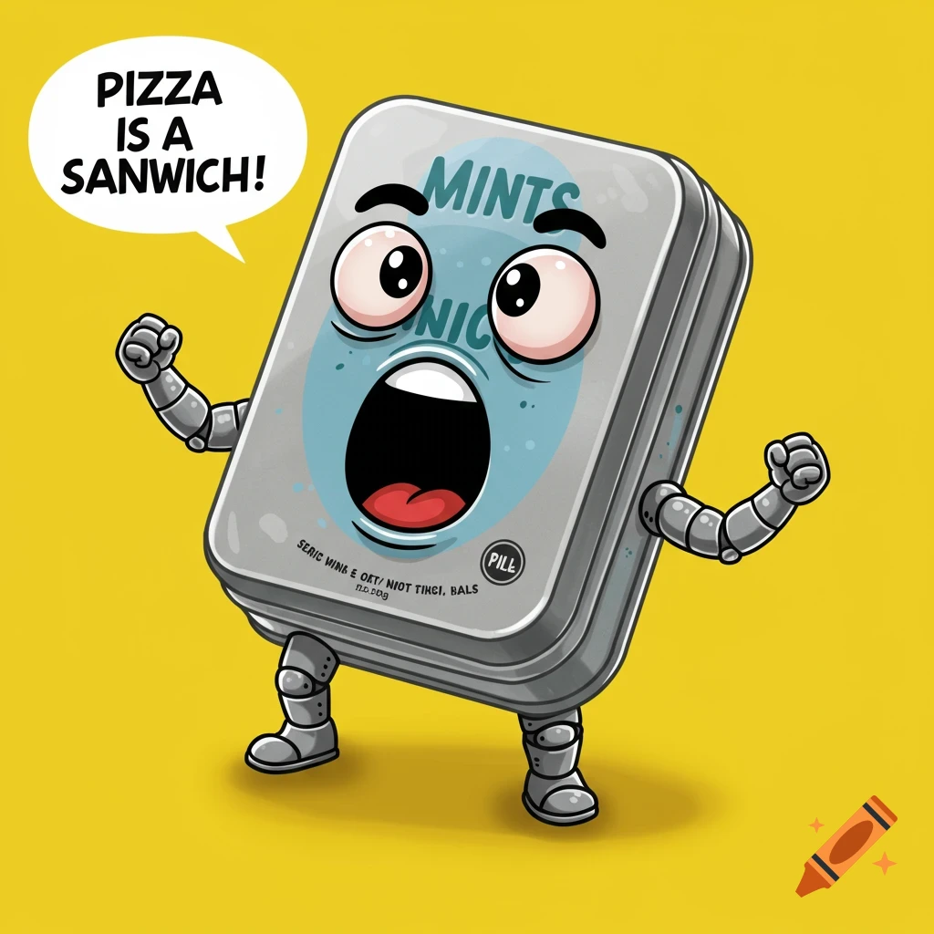 Anthropomorphic tin of mints yelling "Pizza is a sandwich." on Craiyon