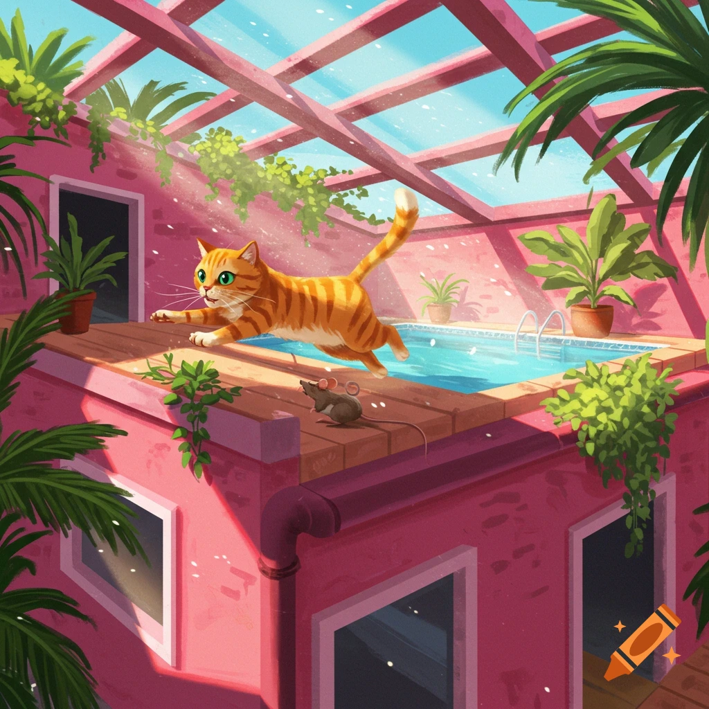 Cat chasing a mouse on the roof of a pink house with a pool and plants ...