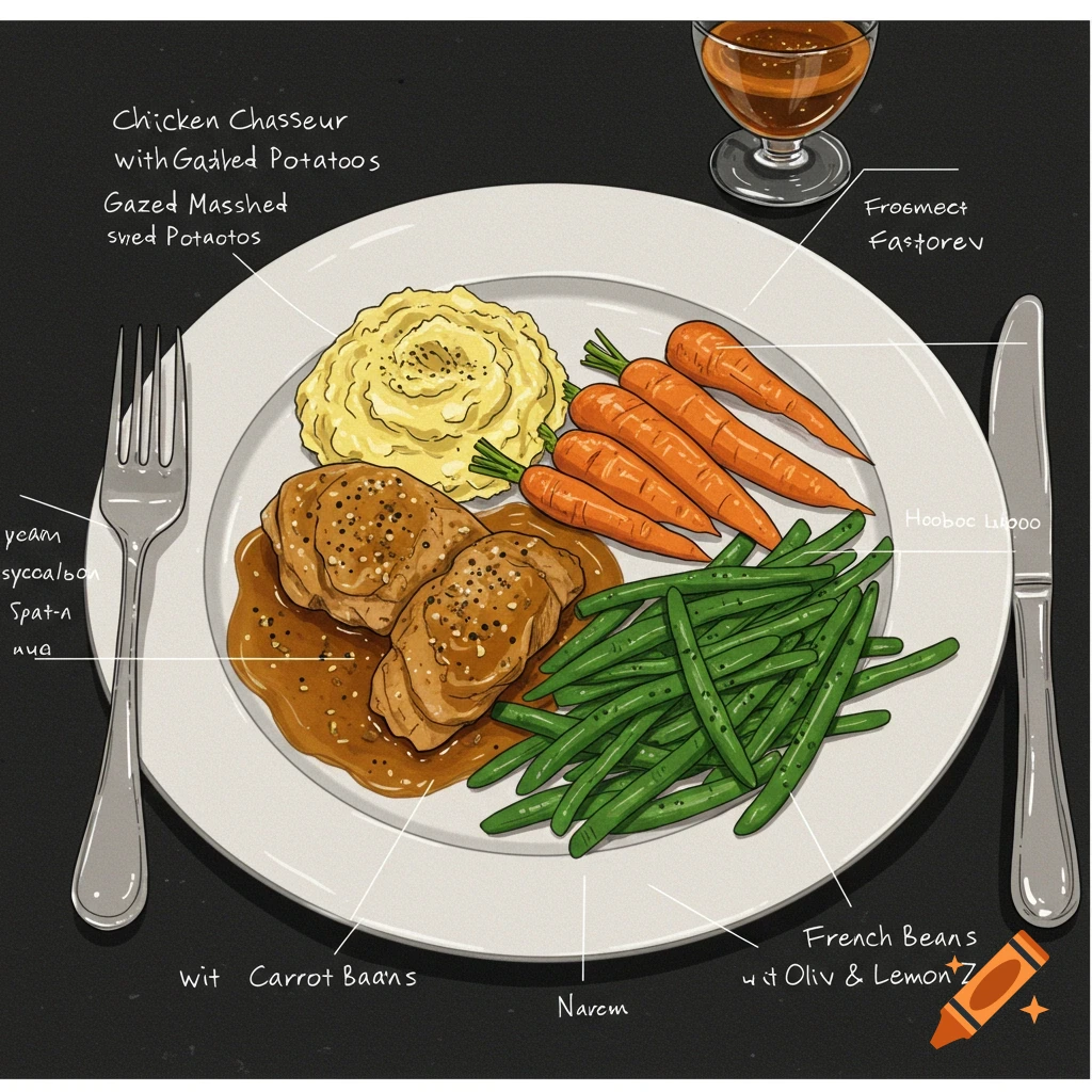 Drawing of a plate with Chicken Leg Chasseur, Garlic Mashed Potatoes ...