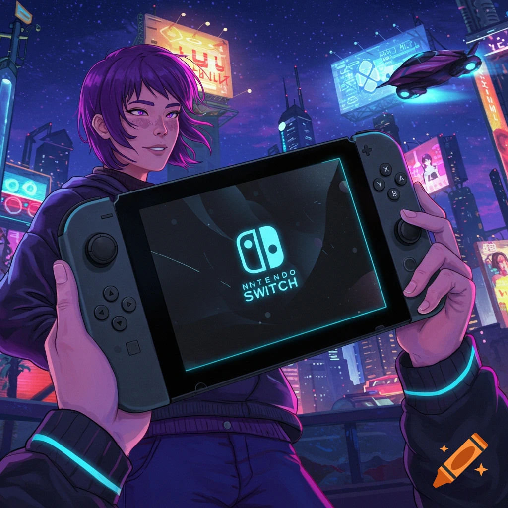 A young woman holds a Nintendo Switch in a cyberpunk city at night. on ...