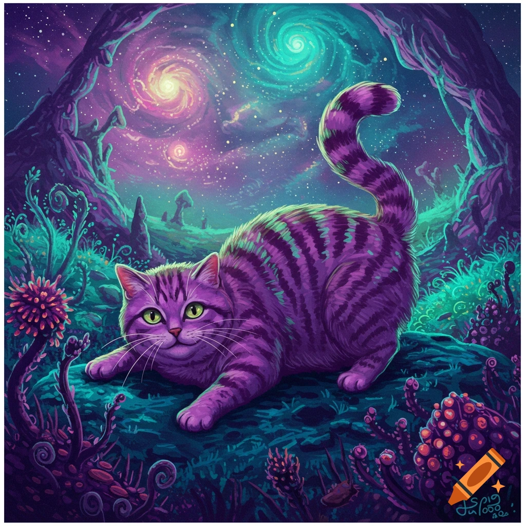 Fat tabby cat with purple and green coloring on an alien planet on Craiyon