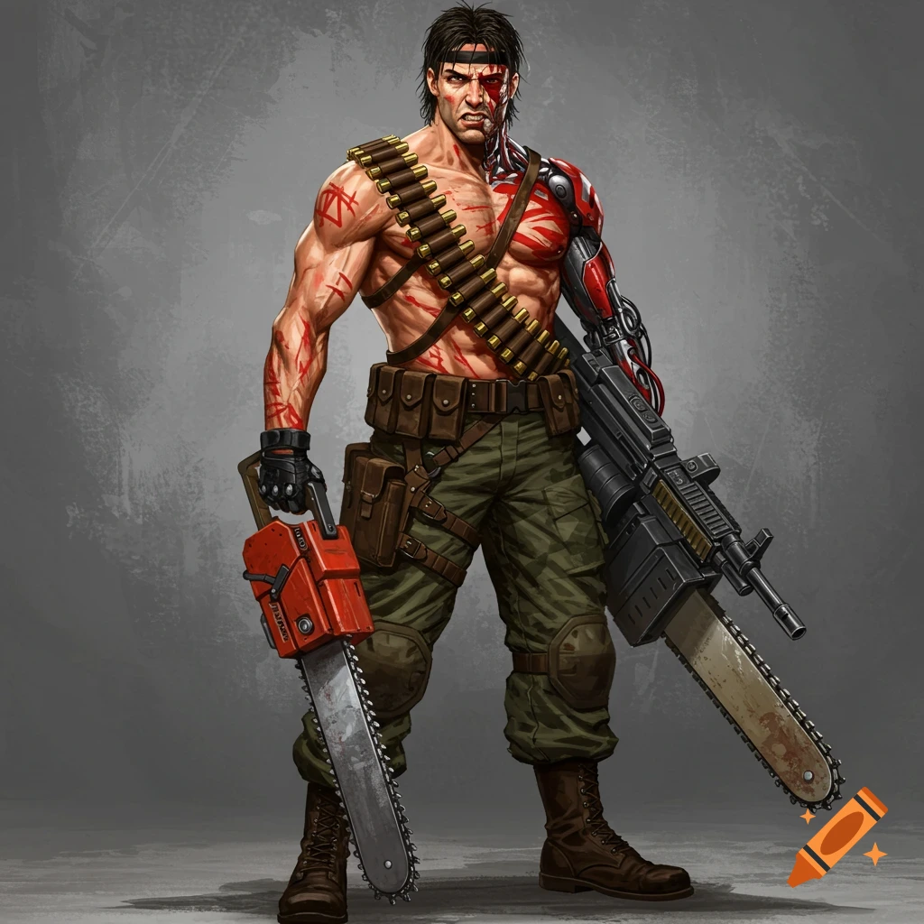 Cyborg Rambo combat soldier with chainsaw and machine gun on Craiyon