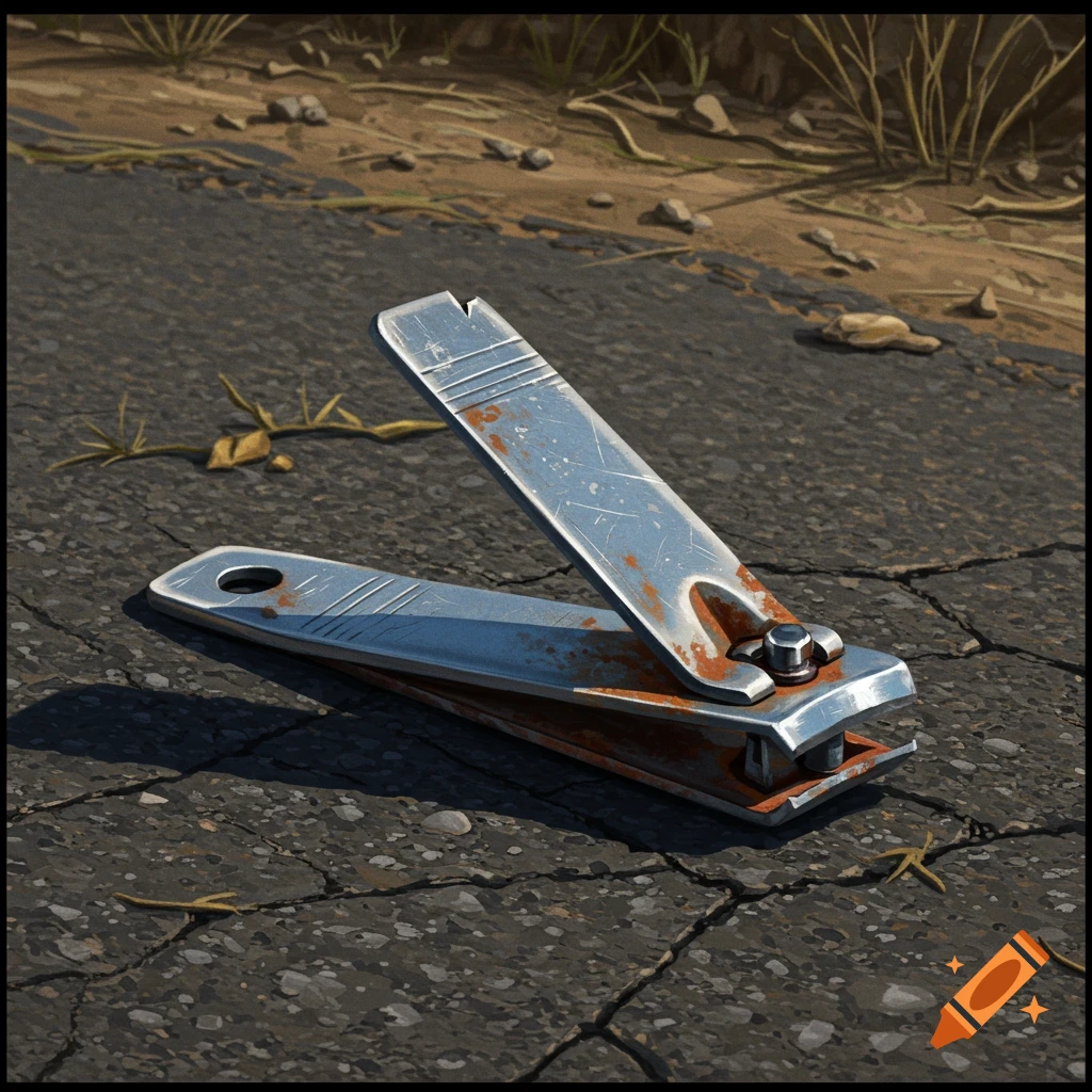 A rusty nail clipper lying on cracked asphalt. on Craiyon