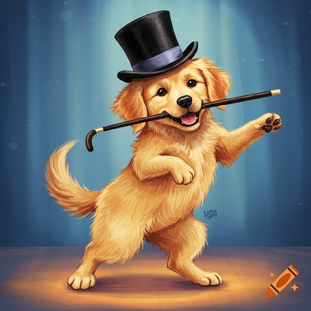 A golden retriever puppy dancing with a top hat and cane on Craiyon