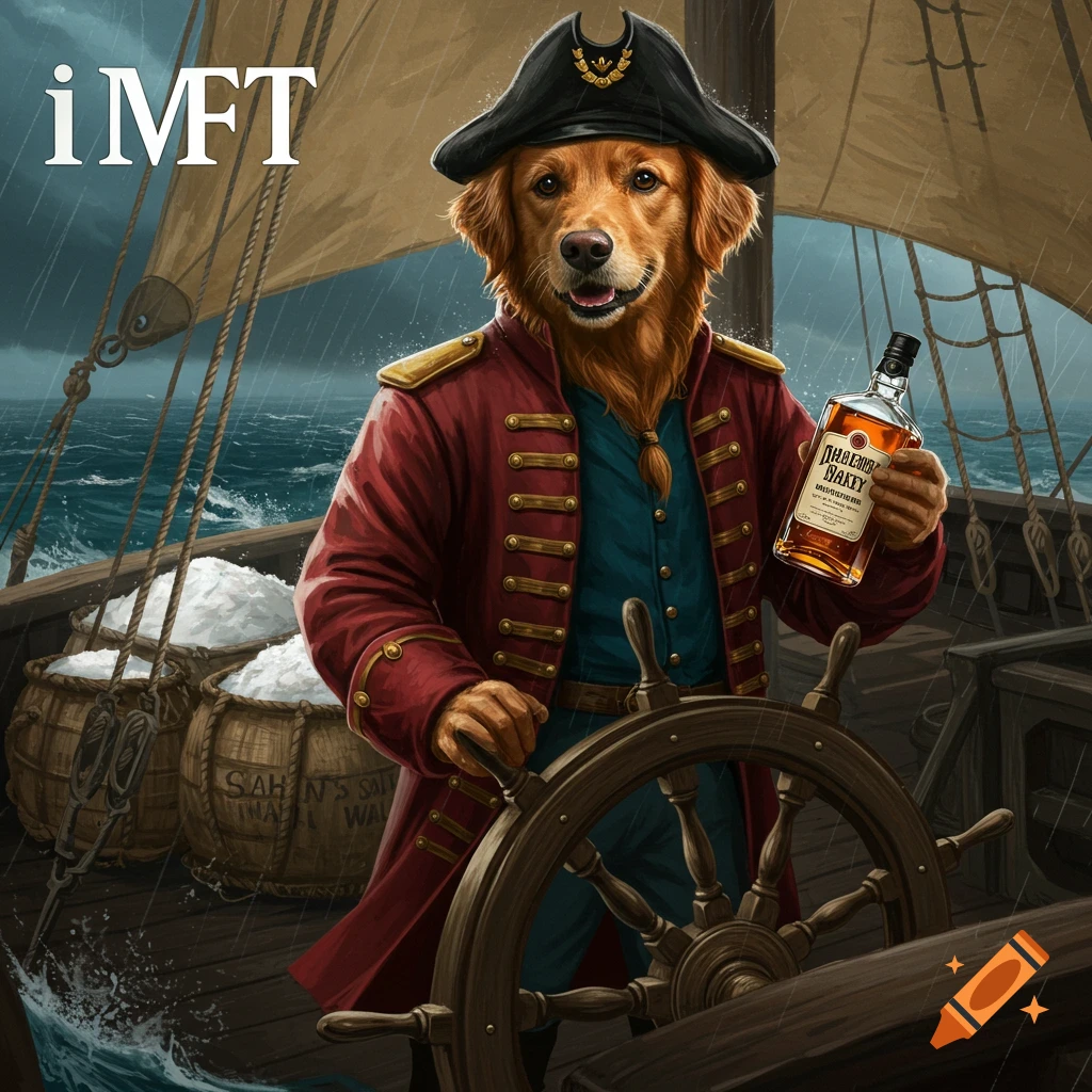 A golden retriever sea captain in a pirate coat steering a ship through ...