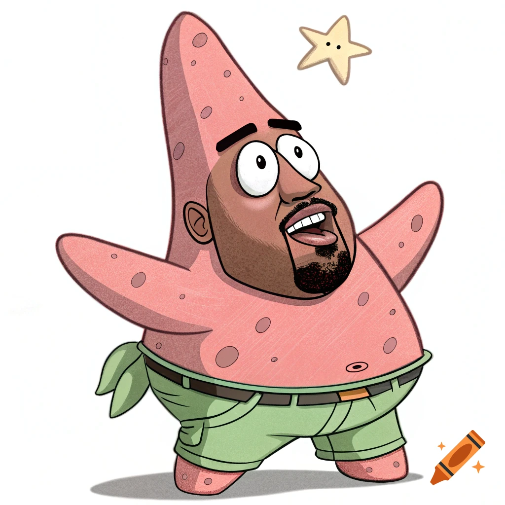 Cartoon of Patrick Star with Kanye West's face looking at a star on Craiyon