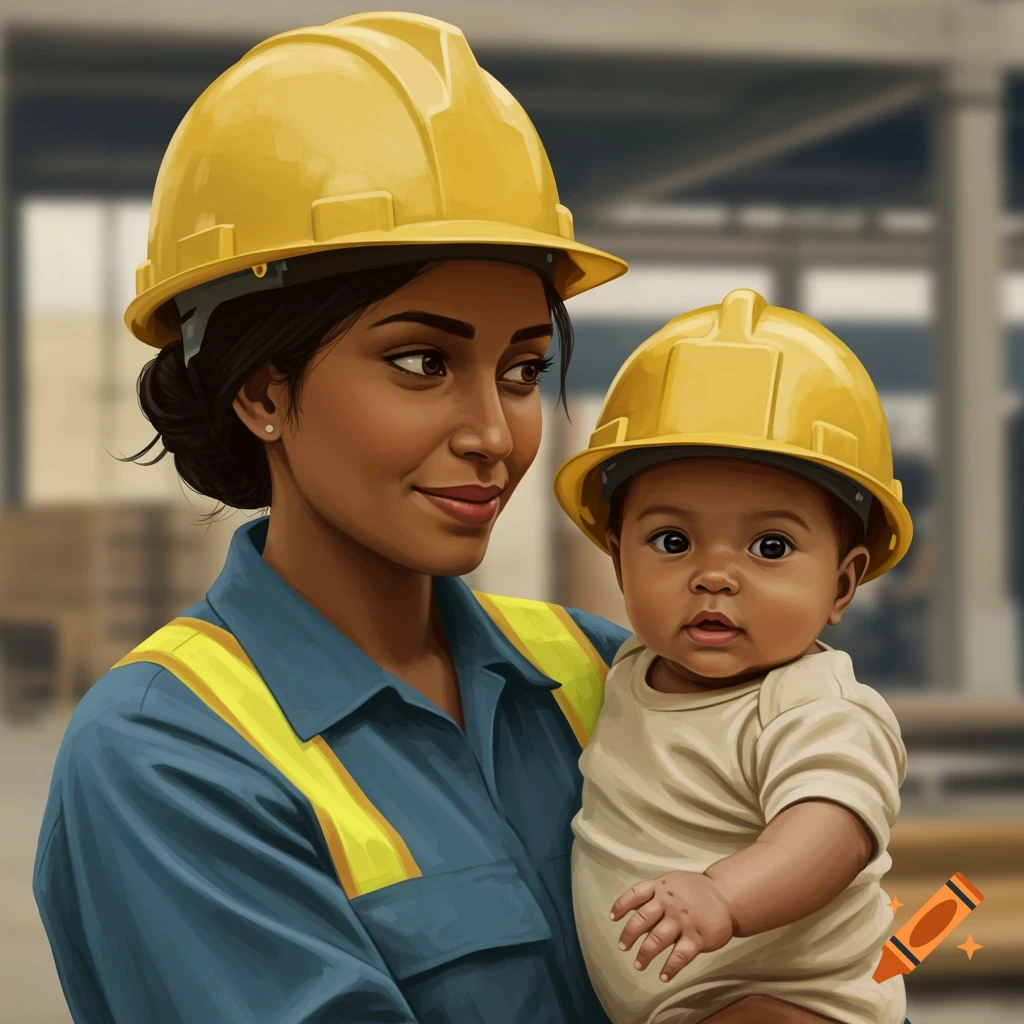 Dark-haired woman and baby in hard hats on Craiyon