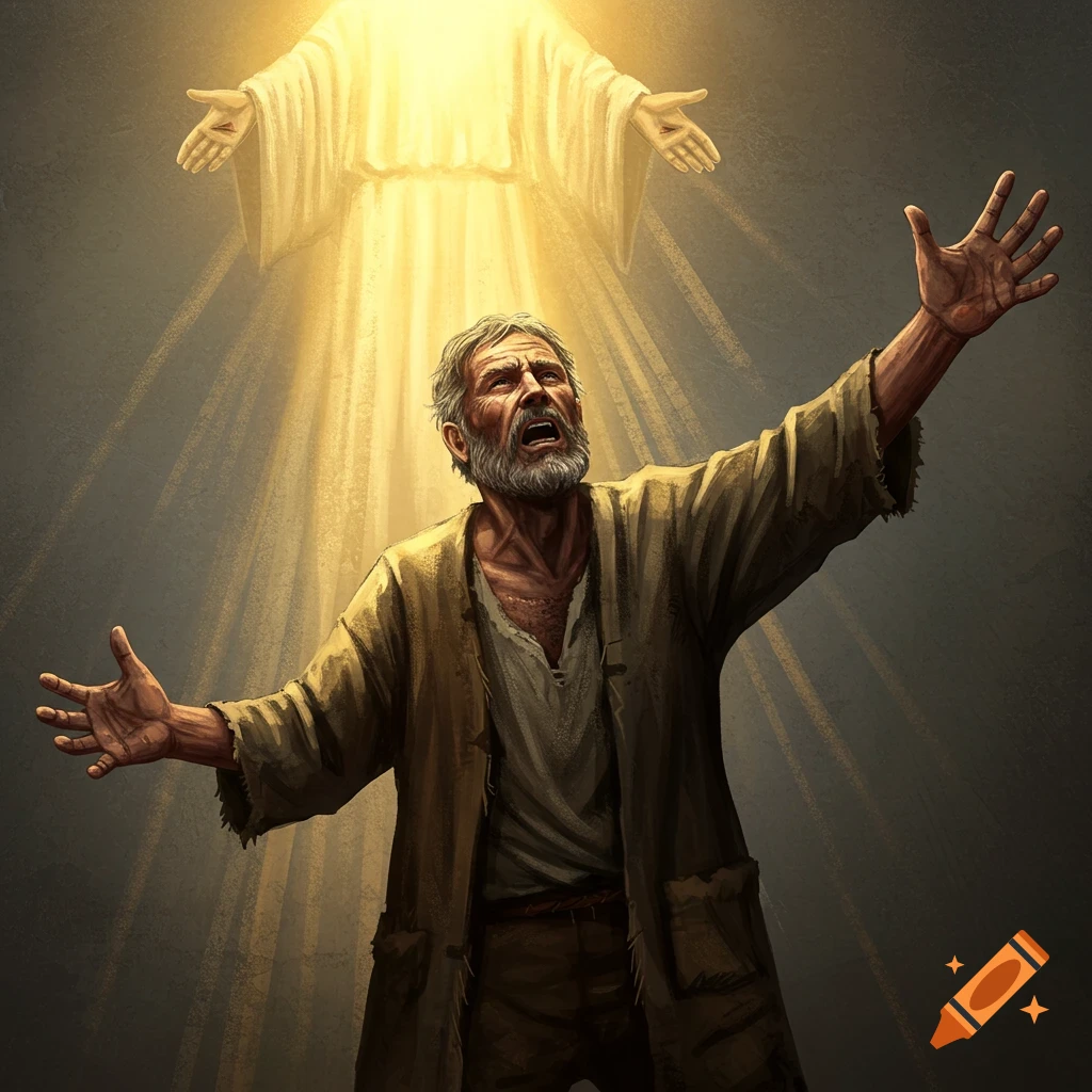 An old man looking up at a bright light, arms outstretched in ...