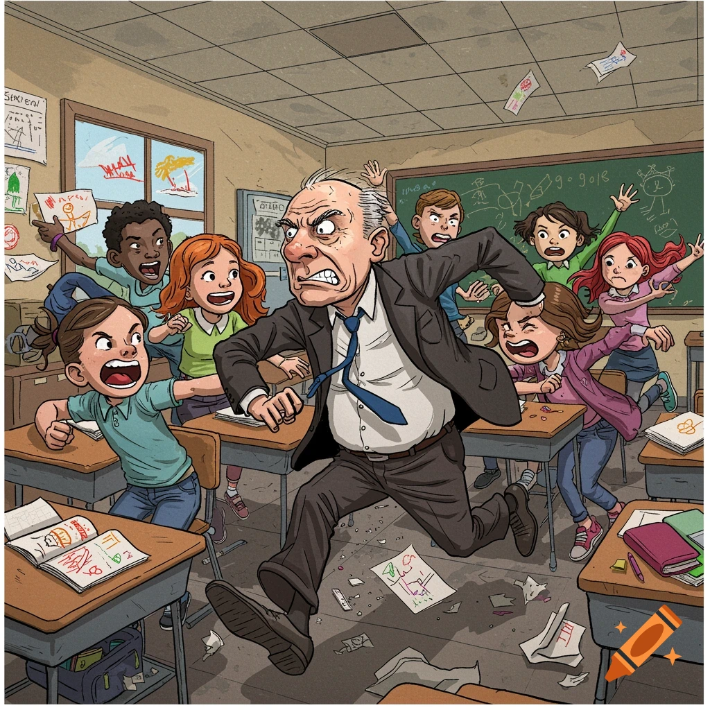 Cartoon illustration of a stressed teacher holding her head in a messy ...