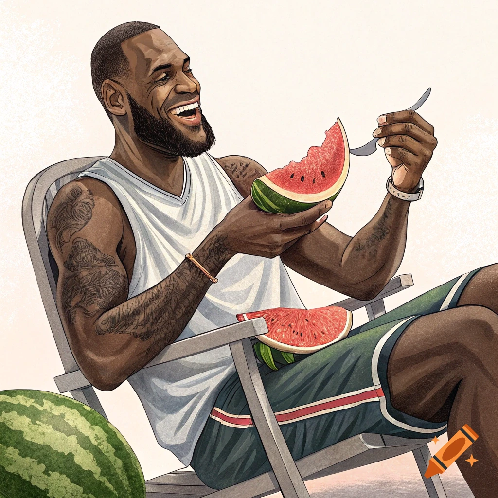 Illustration of a man resembling LeBron James eating fried chicken and ...