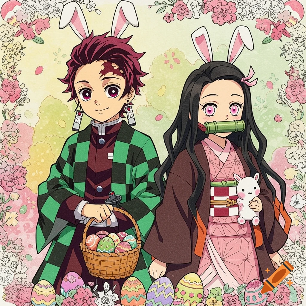 Anime characters Tanjiro and Nezuko with bunny ears, Easter eggs, and ...