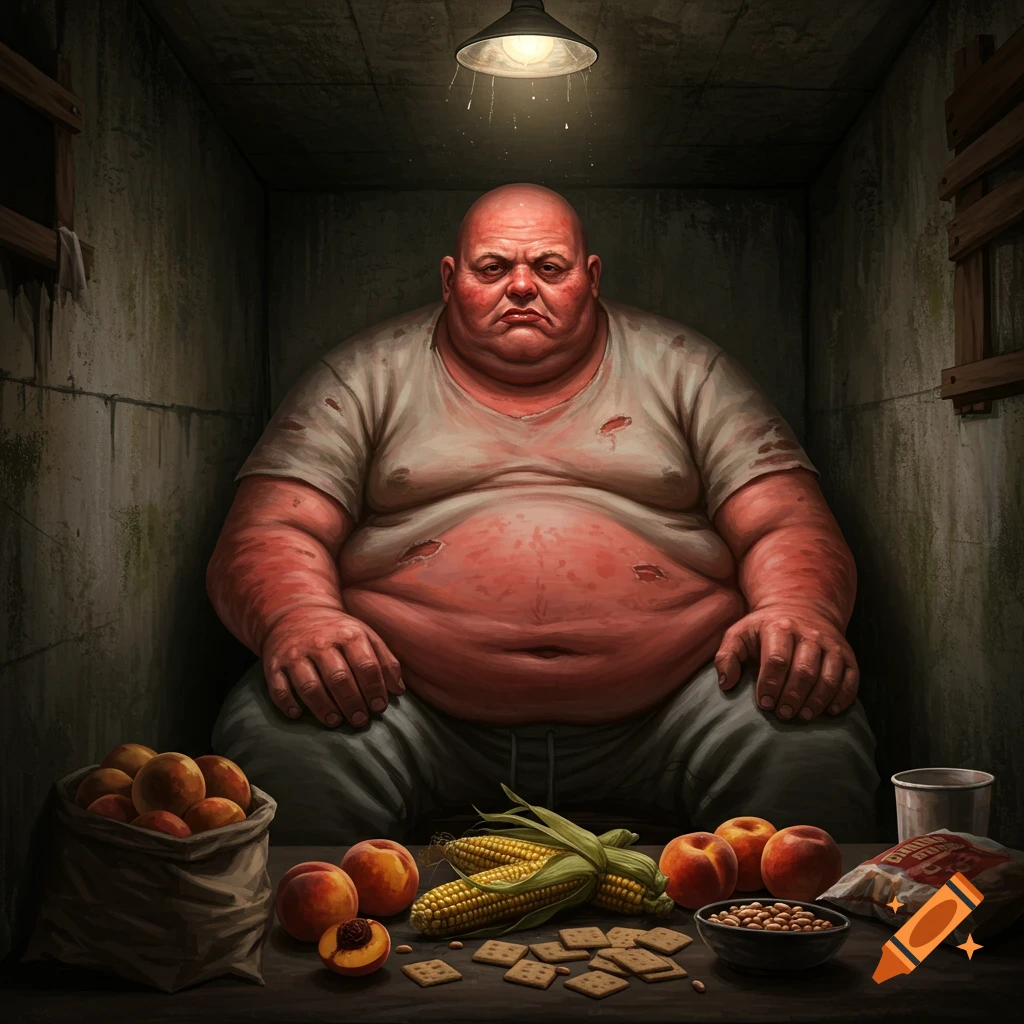 Morbidly obese man eating corn, peaches, beans, and saltines in a ...