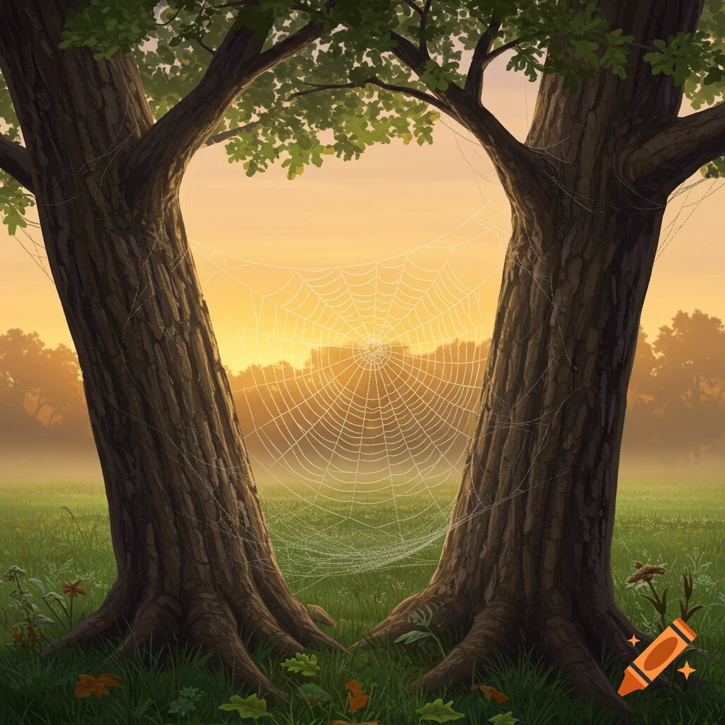 Two trees framing a spider web with a sunrise in the background. on Craiyon