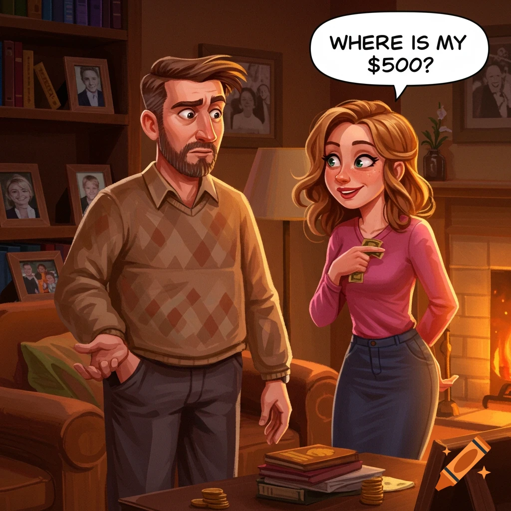 A cartoon man and woman talk in a park. The man wears a shirt with a ...