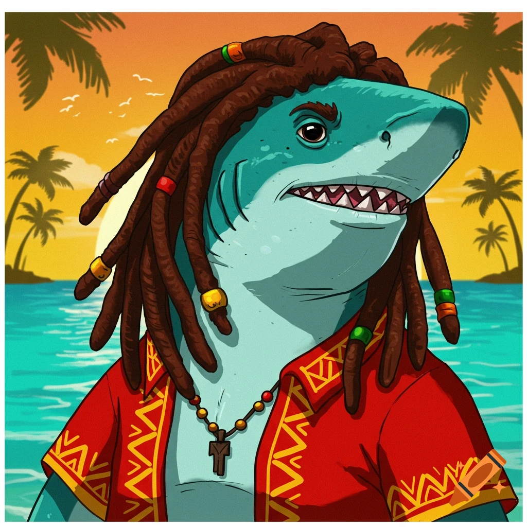 Cartoon shark with dreadlocks, beads, and a red shirt stands against a ...