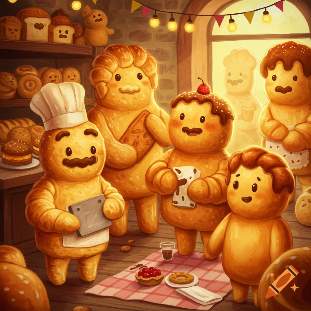 Cute anthropomorphic bread characters working in a bakery, holding ...