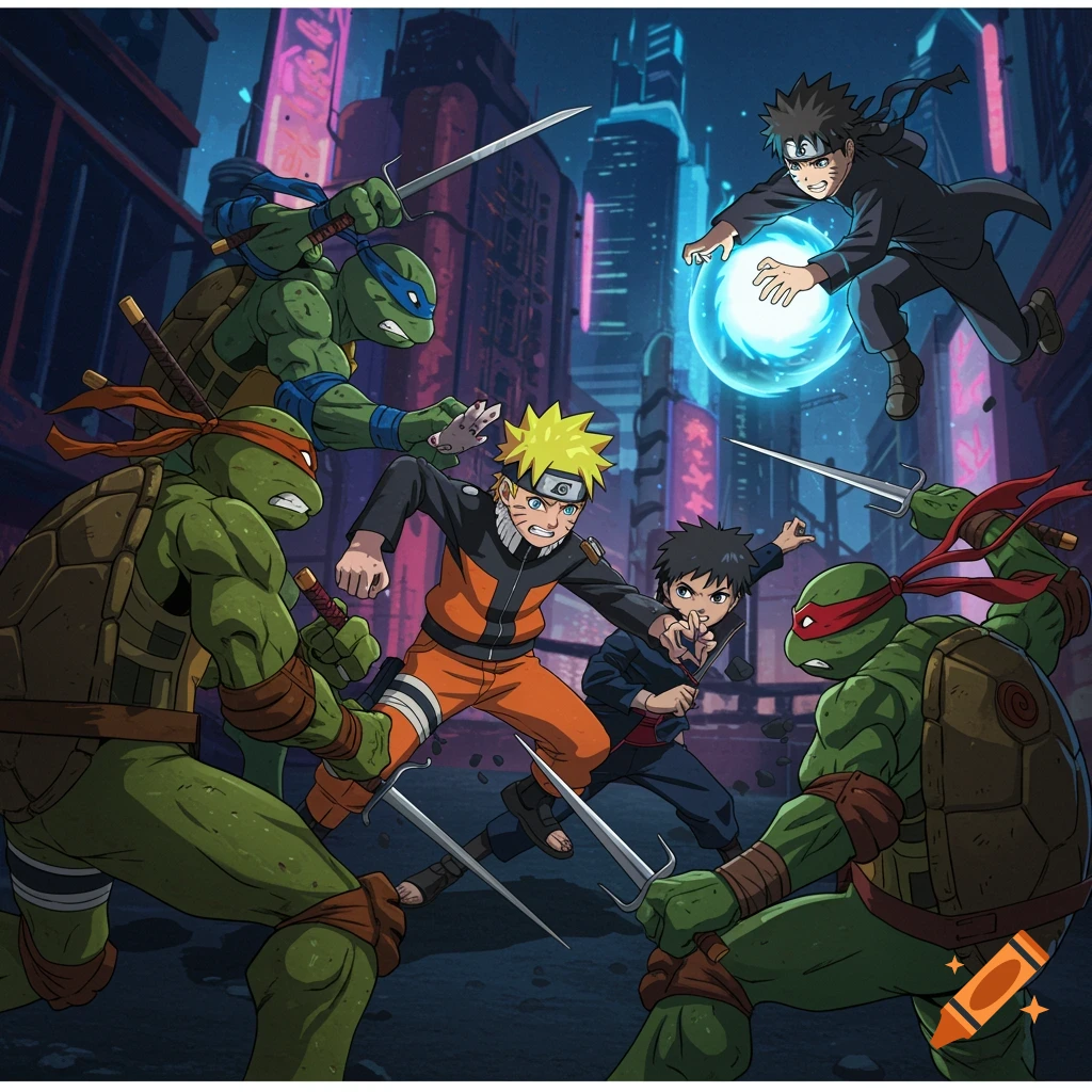Teenage Mutant Ninja Turtles fighting with kid Naruto and kid Obito on ...