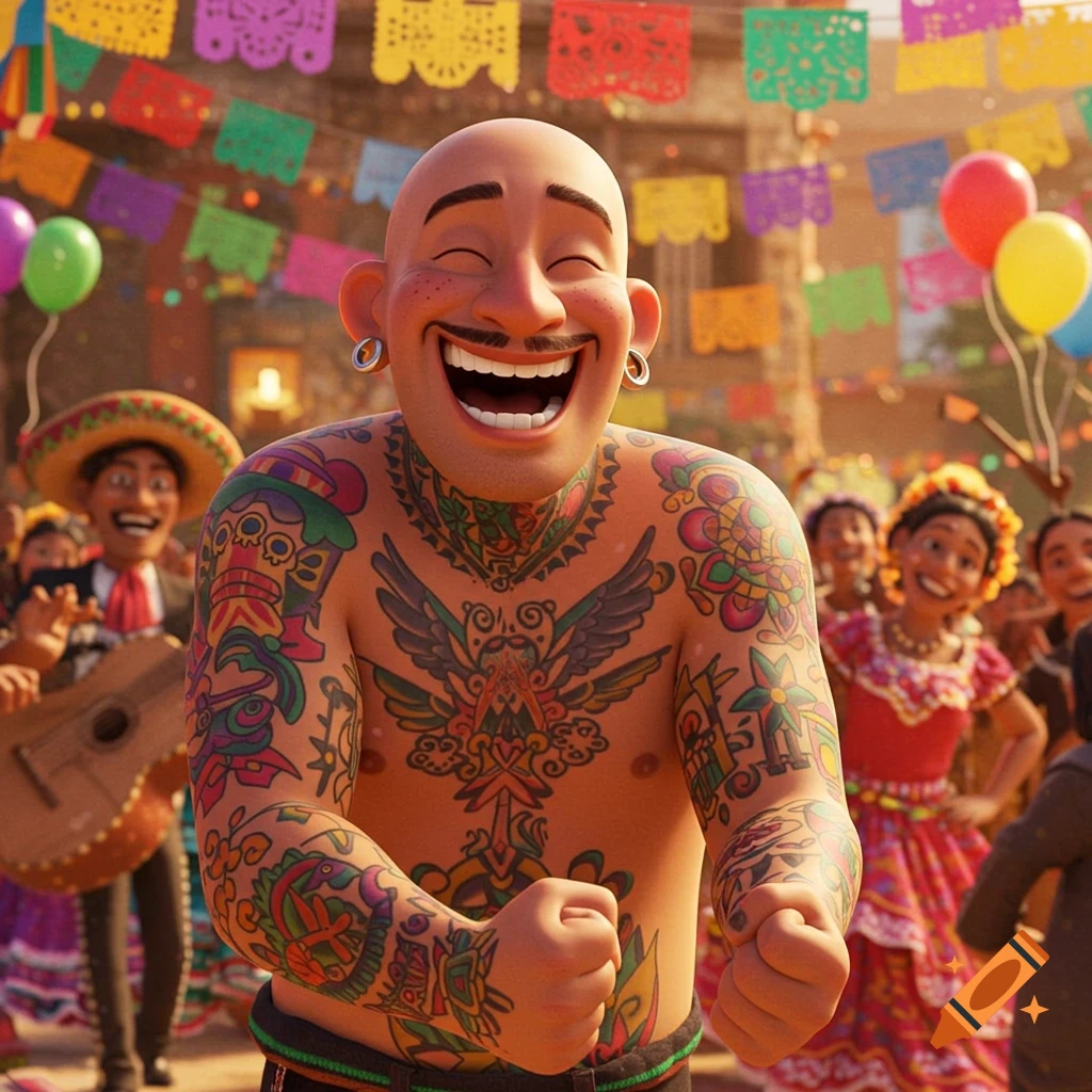 Bald Mexican cartoon character with tattoos at a fiesta on Craiyon