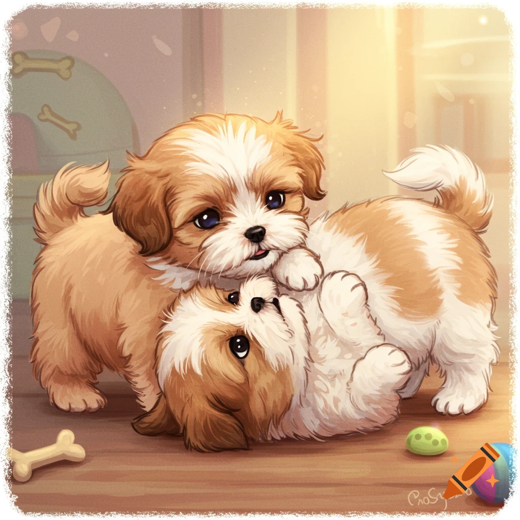 Two Shih Tzu puppies playing on a wooden floor with toys. on Craiyon