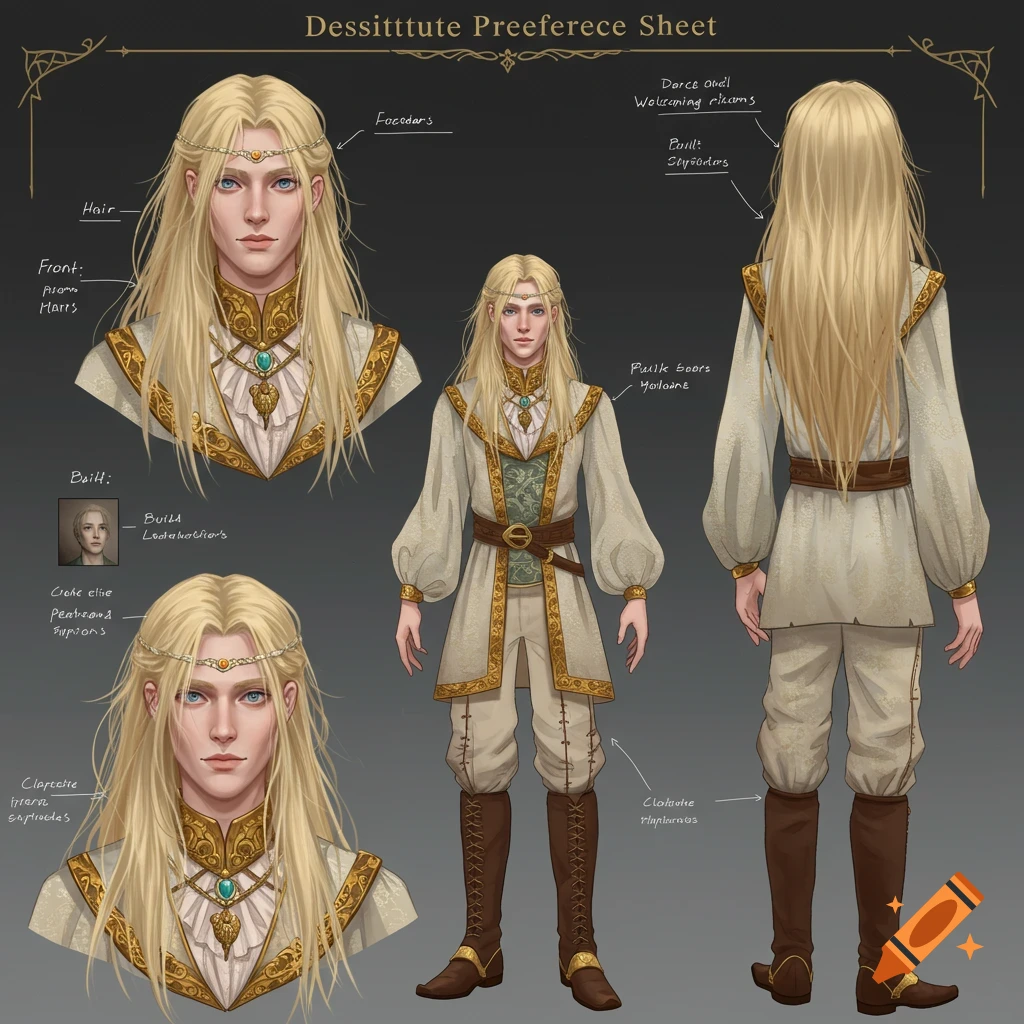 Destitute prince character reference sheet with annotations, blonde ...