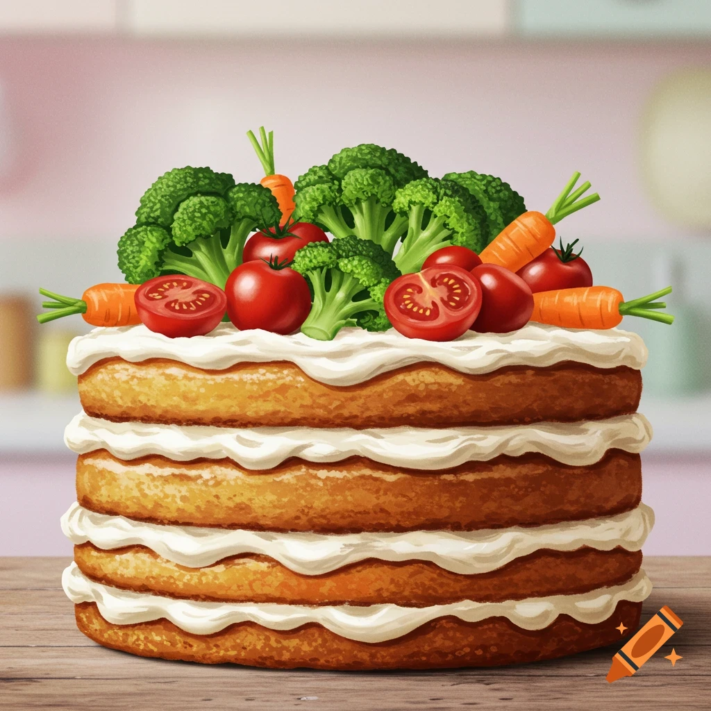 A two-layer cake topped with cream frosting, broccoli florets, carrots ...
