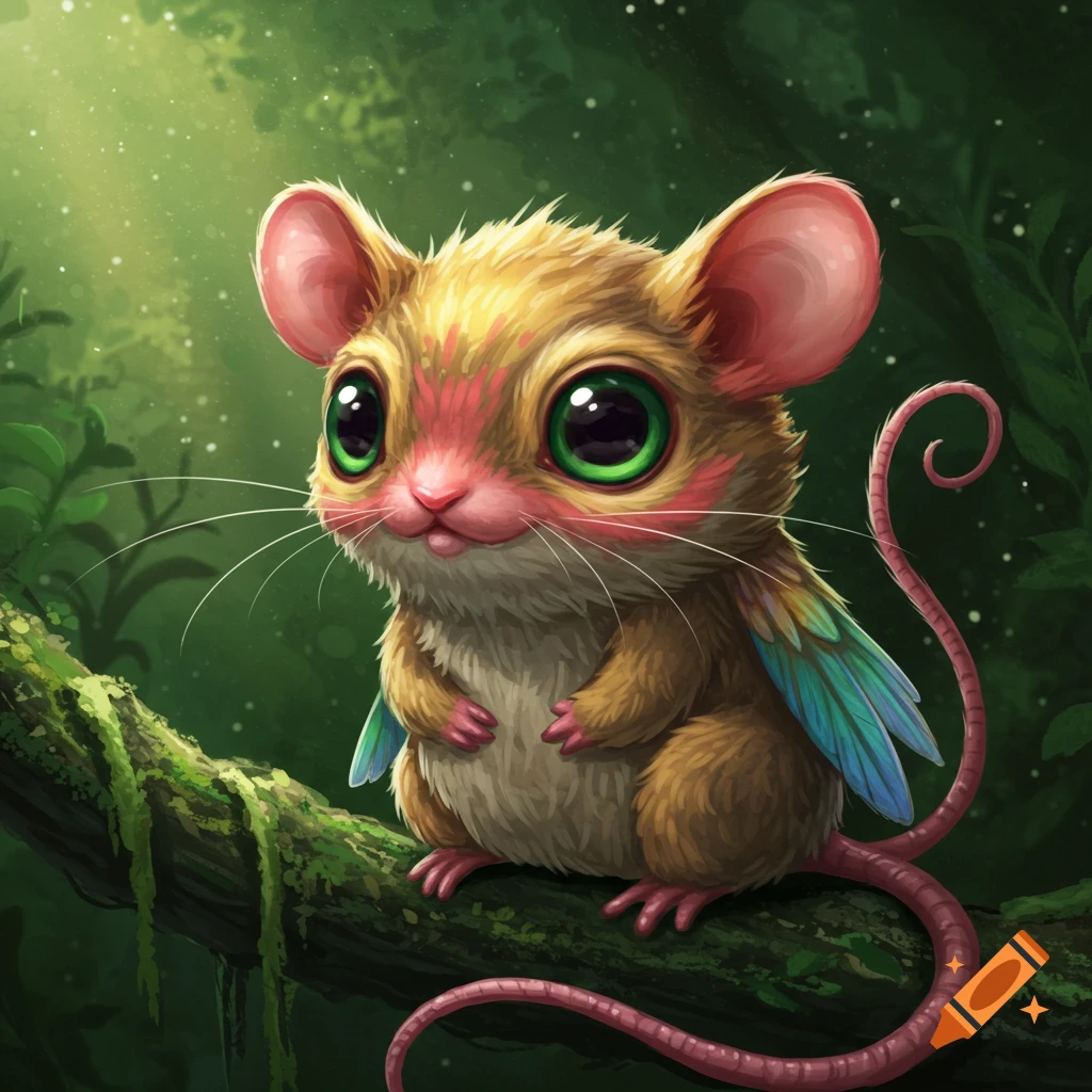 A cute orange furry creature with large green eyes and a curly purple ...