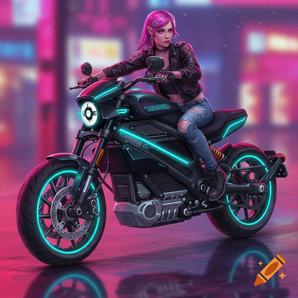 Woman with pink hair riding a motorcycle in vibrant pop art style on ...