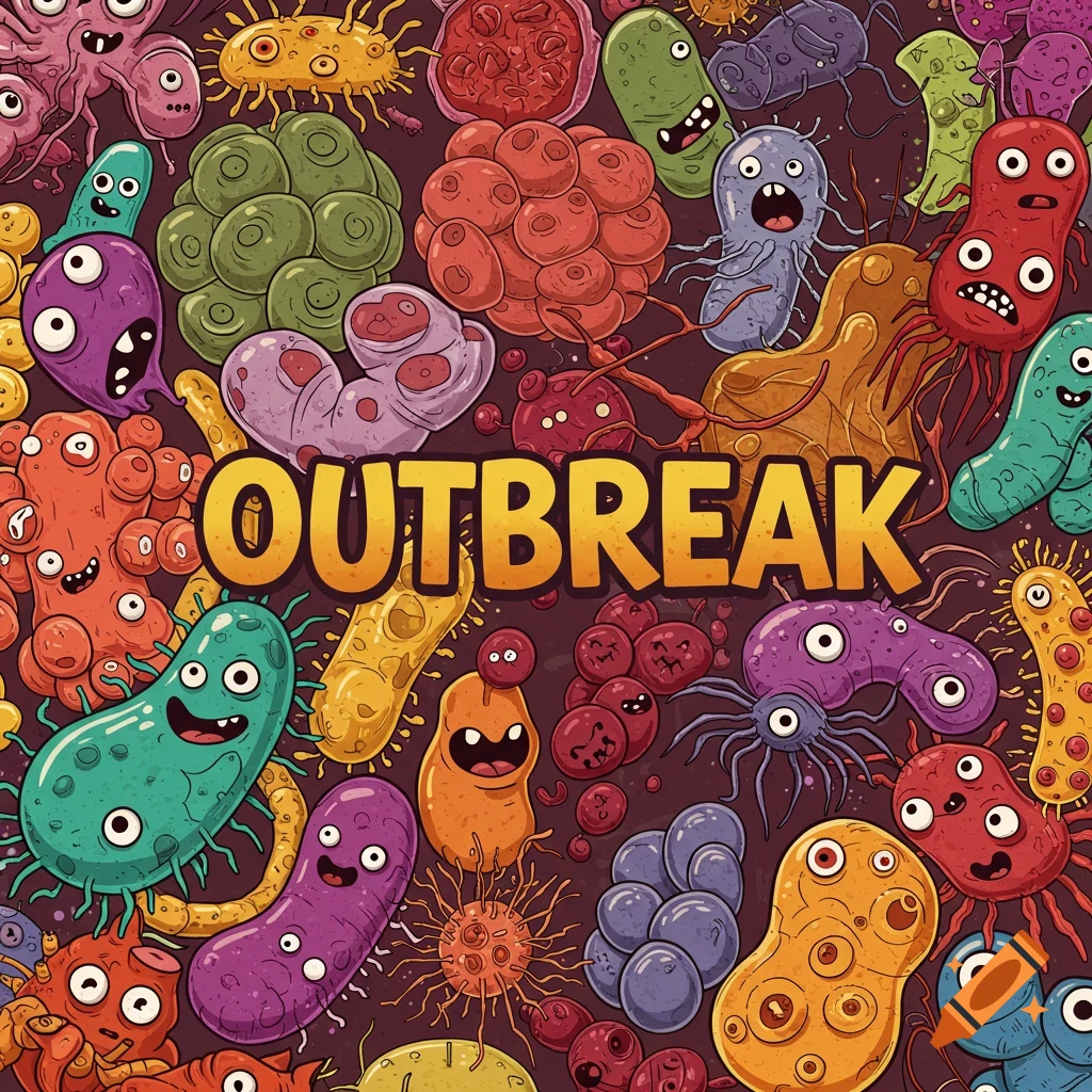 A colorful cartoon illustration of various microbes surrounding the ...